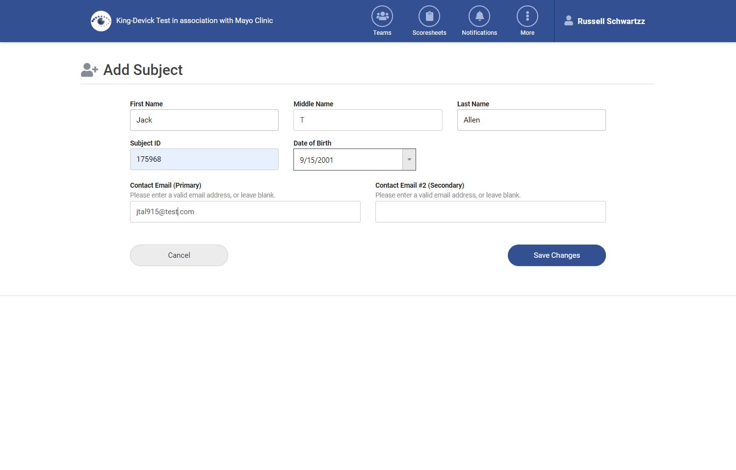 Adding a Subject (Web App) - King Devick Support