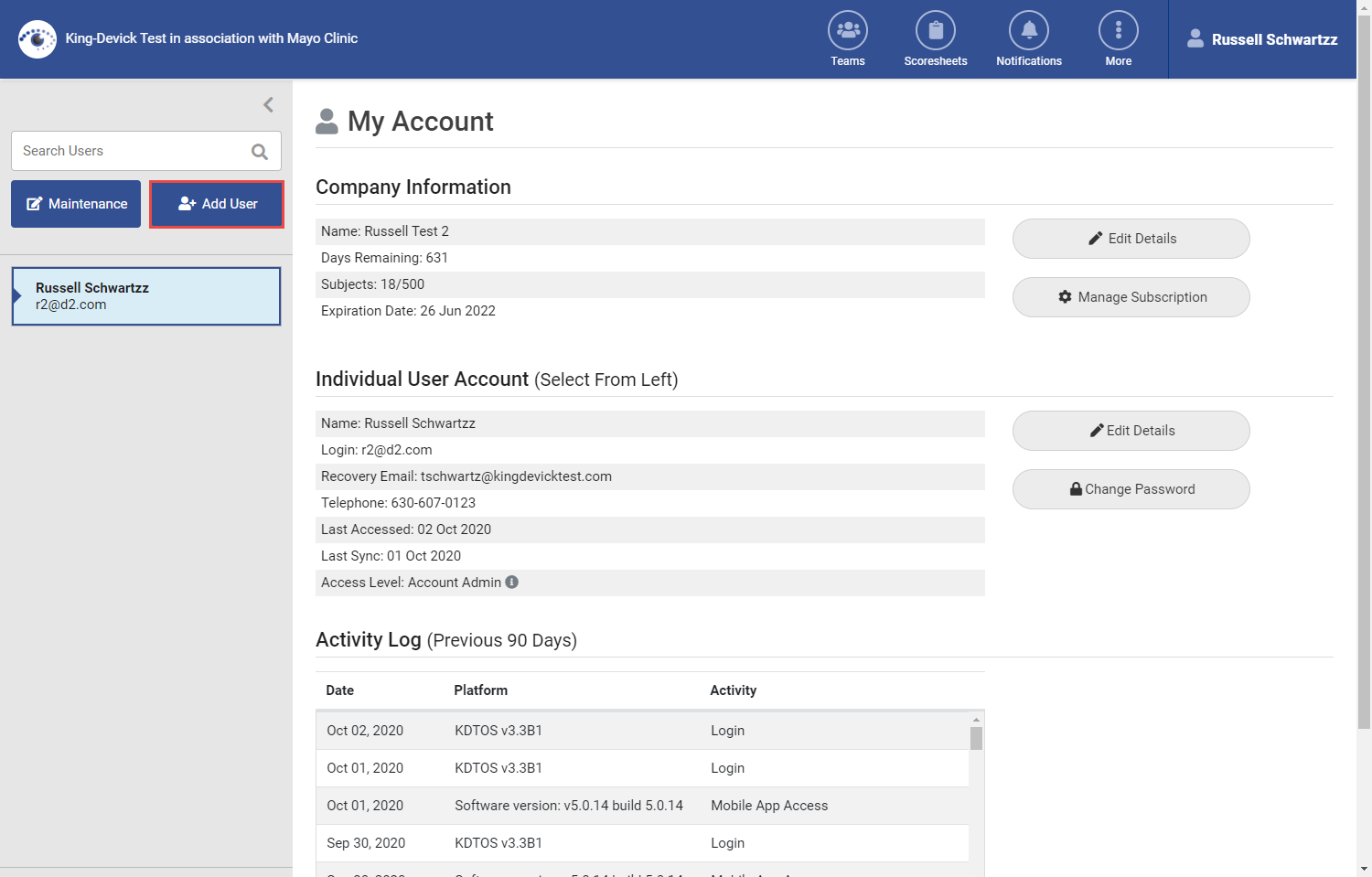 Adding a User - King Devick Support