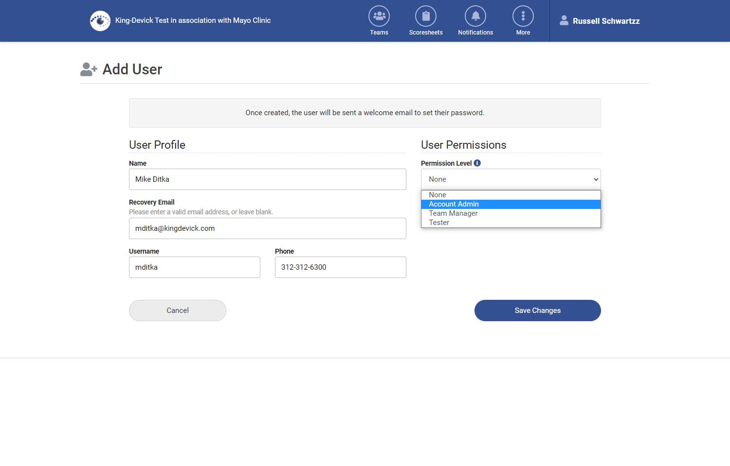Adding a User - King Devick Support