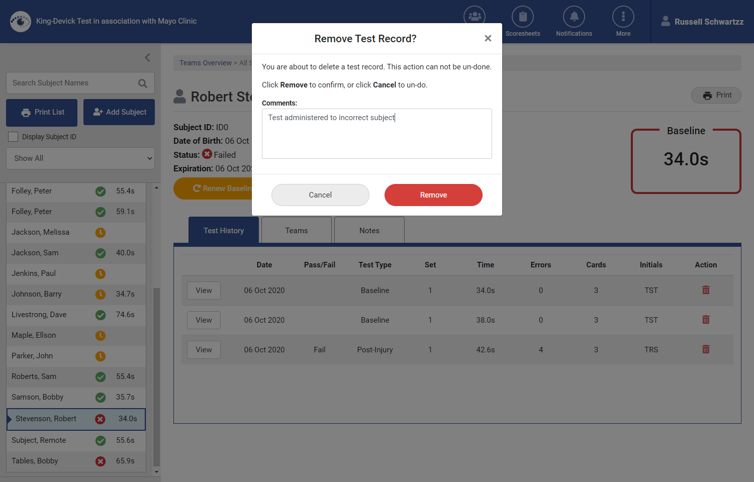 How to Delete Test Records (Web App) - King Devick Support
