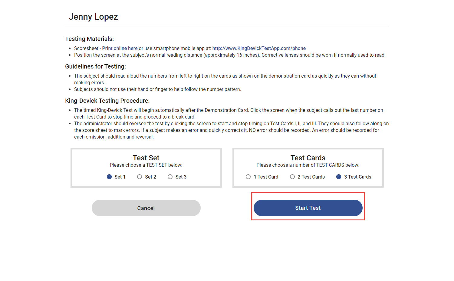Administering a K-D Test (Web App) - King Devick Support
