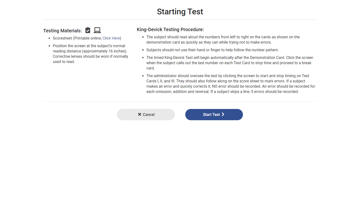 Administering a Pro Reading K-D Test (Web App) - King Devick Support